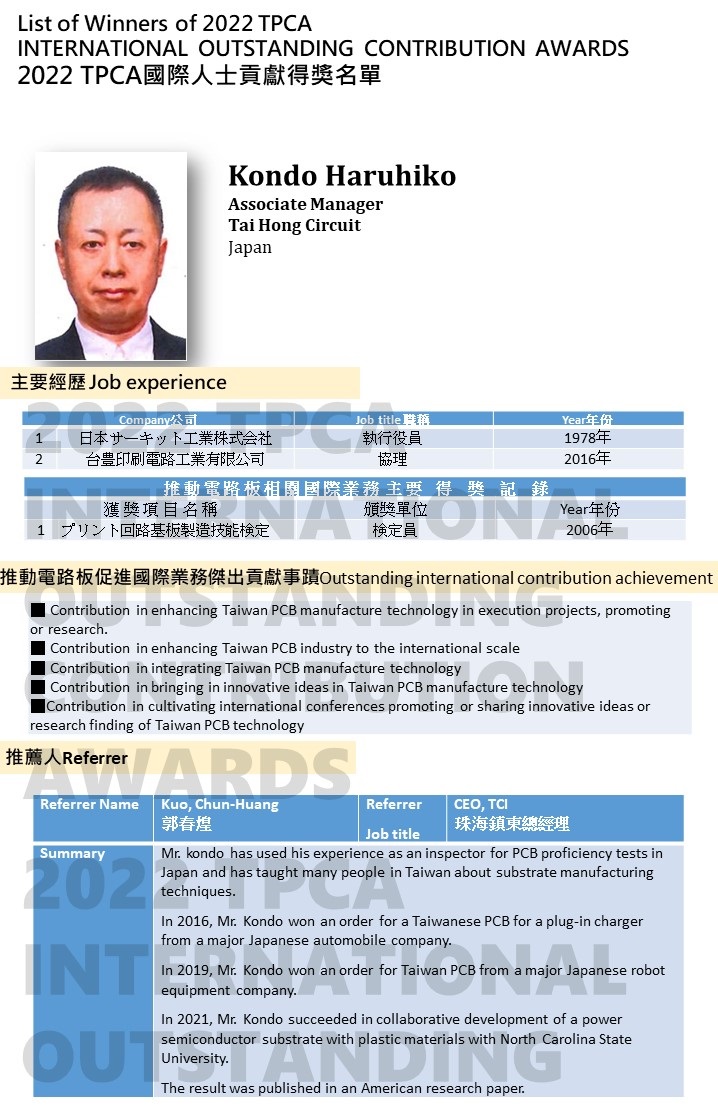 2022 第一屆TPCA國際人士貢獻表揚得獎名單TPCA 1st International Outstanding Contribution Awards 2022-List of ...