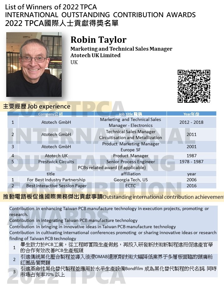 2022 第一屆TPCA國際人士貢獻表揚得獎名單TPCA 1st International Outstanding Contribution Awards 2022-List of ...